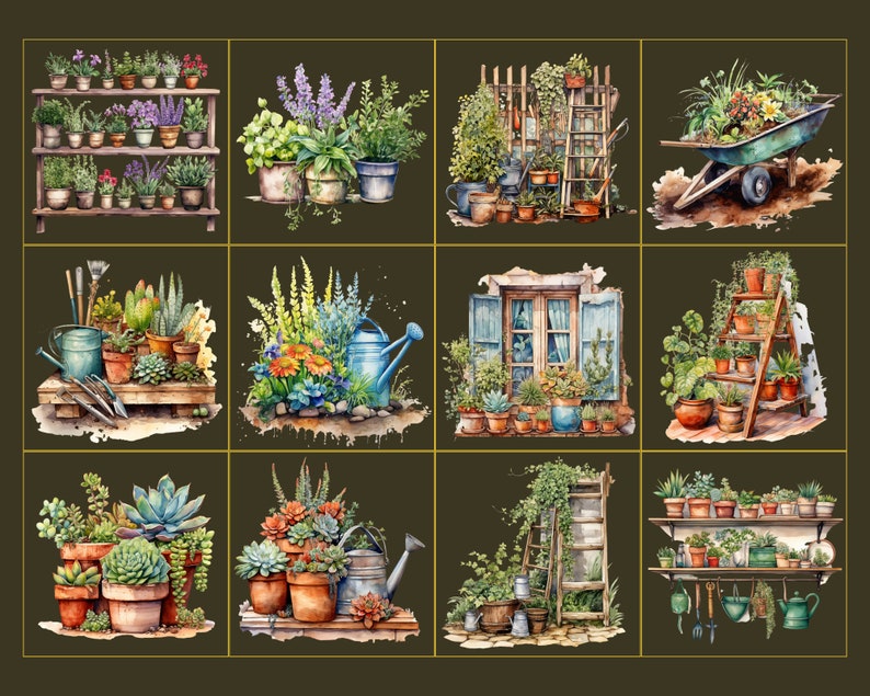 Watercolor Garden Clipart Bundle: Spring Potted Plants (PNG Digital ...