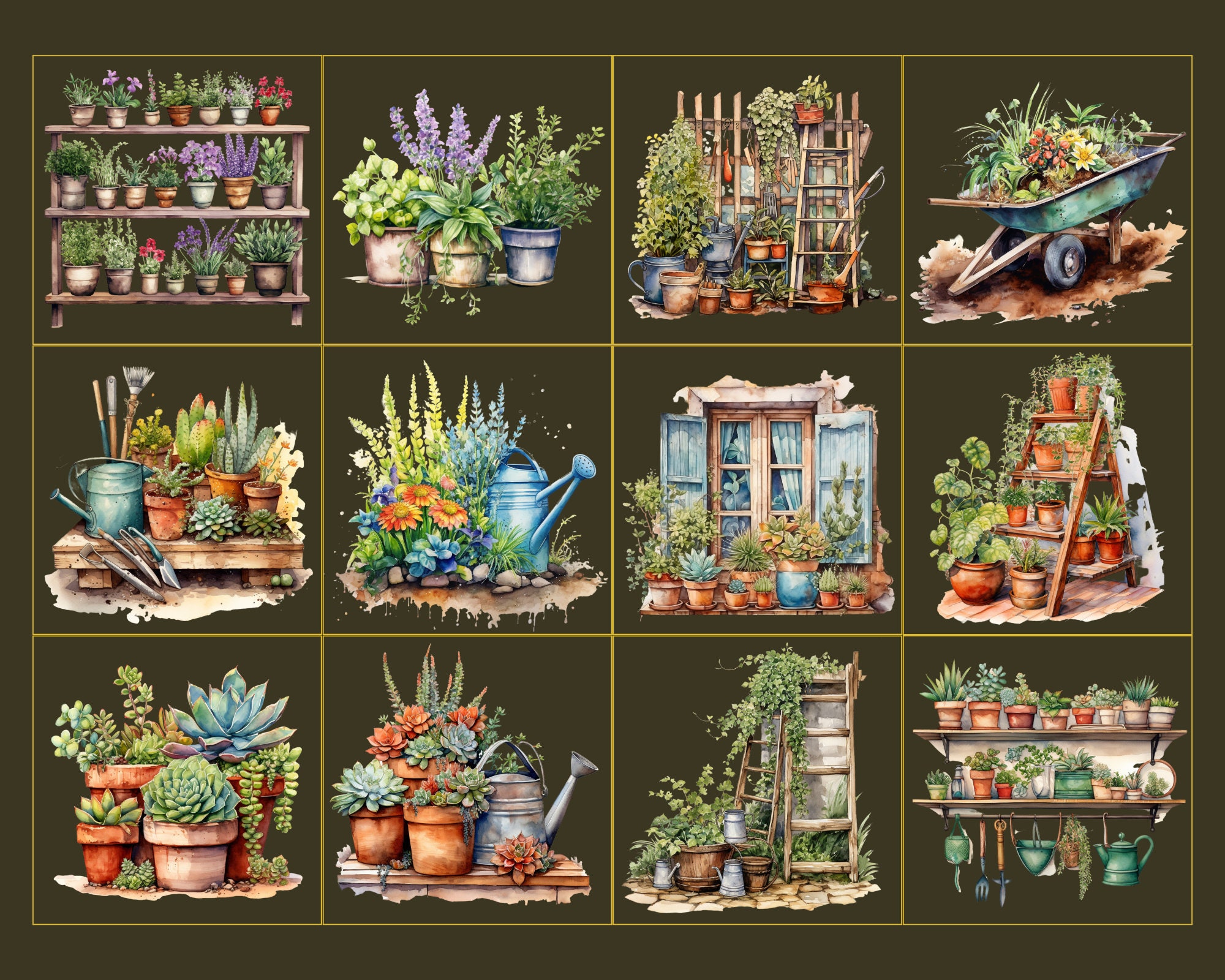 Watercolor Garden Clipart Bundle, Spring PNG, Gardening, Potted Plants ...