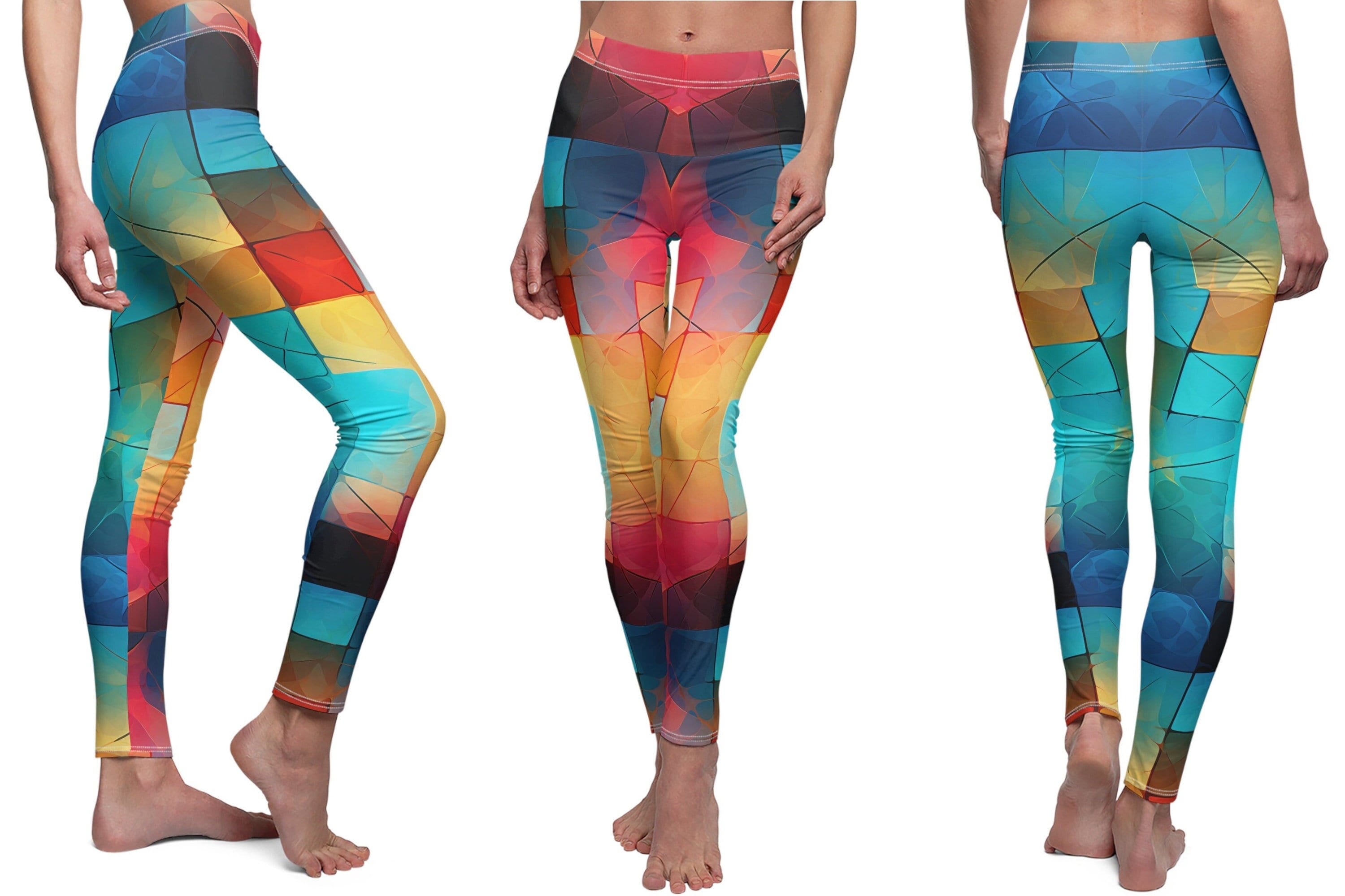 Abstract Block Art Leggings, Designer Leggings, Colorful Leggings ...