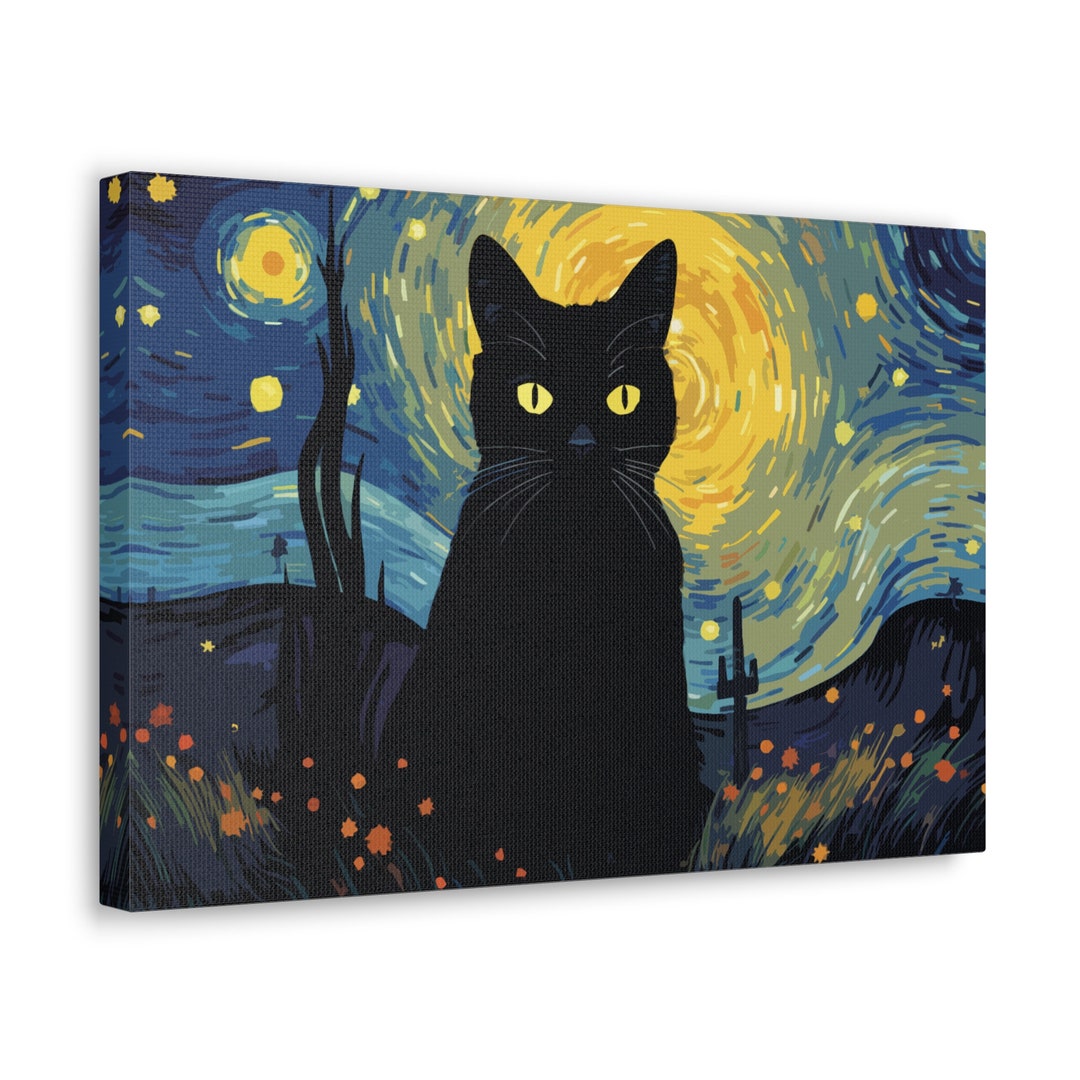 Starry Night Black Cat Canvas Print, Cat Canvas Print, Gift for Cat ...