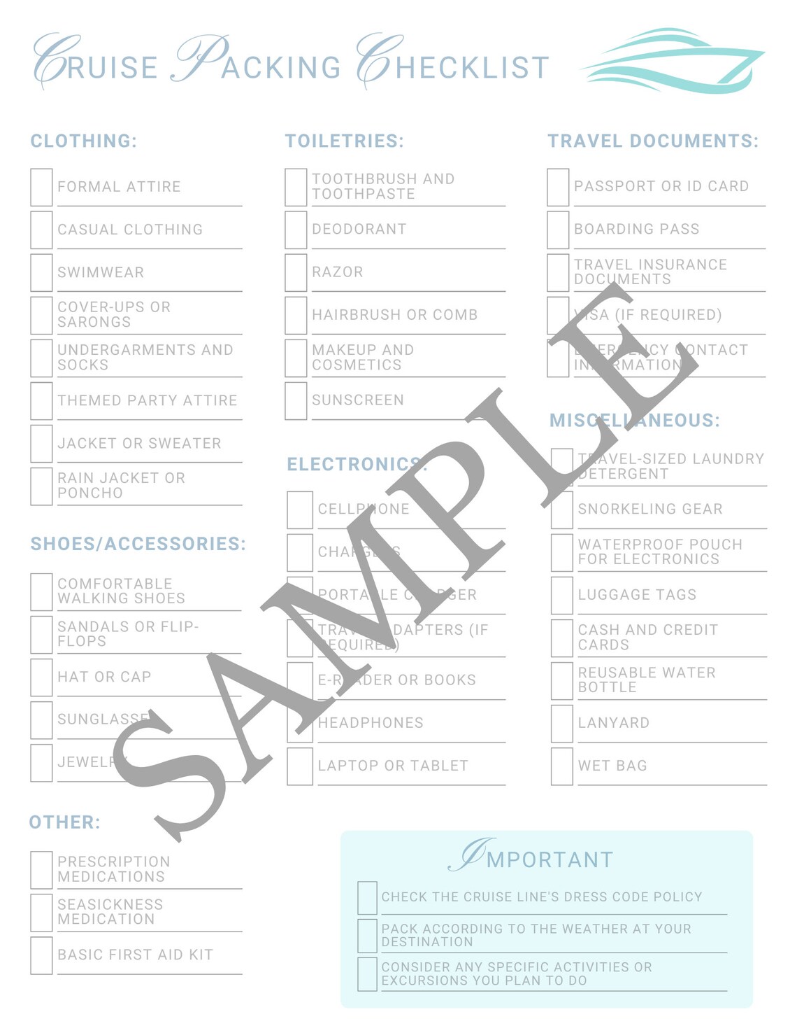 Cruise Packing Checklist - Etsy