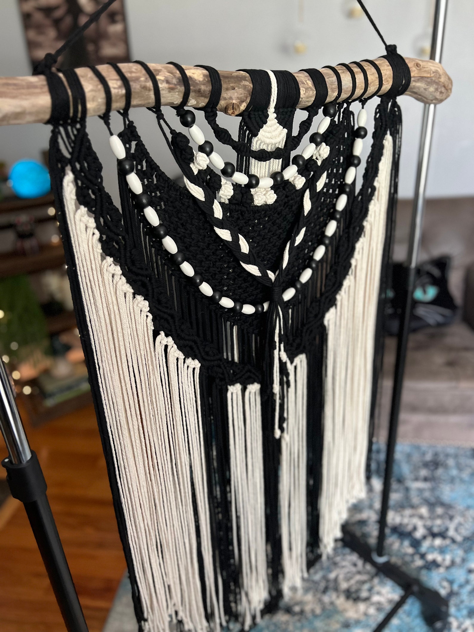 Gothic Black & White Handmade Macrame on Drift Wood Wall Hanging - Etsy