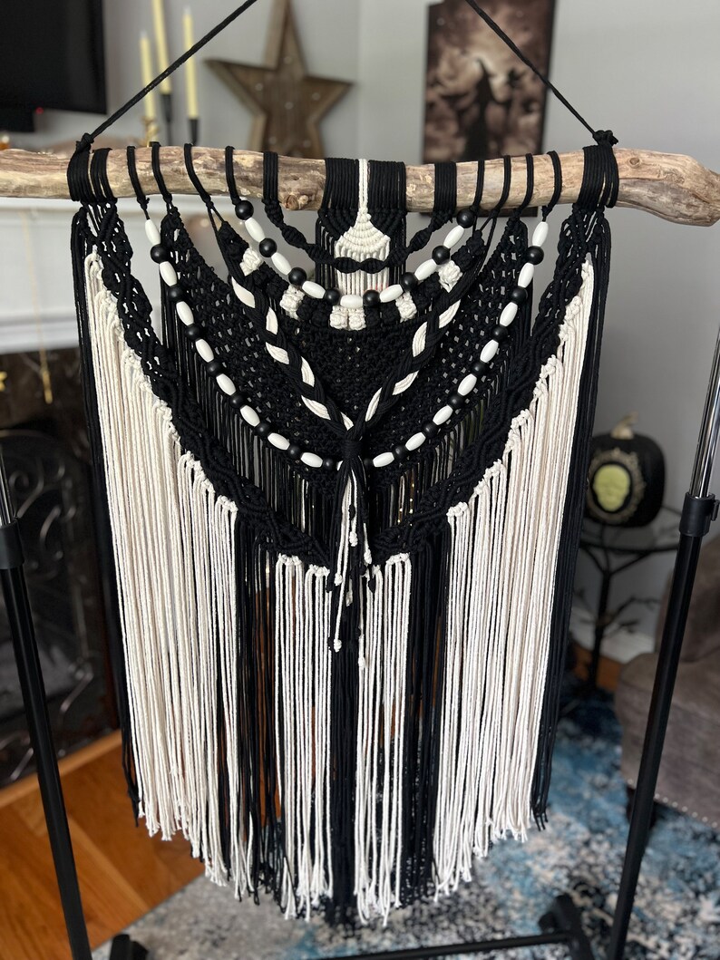 Gothic Black & White Handmade Macrame on Drift Wood Wall Hanging - Etsy