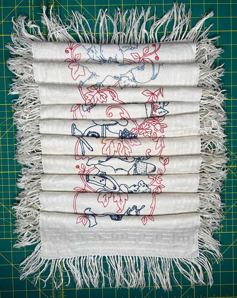 Very Special Antique Red Work Buffet Runner Featuring Angels in Blue ...