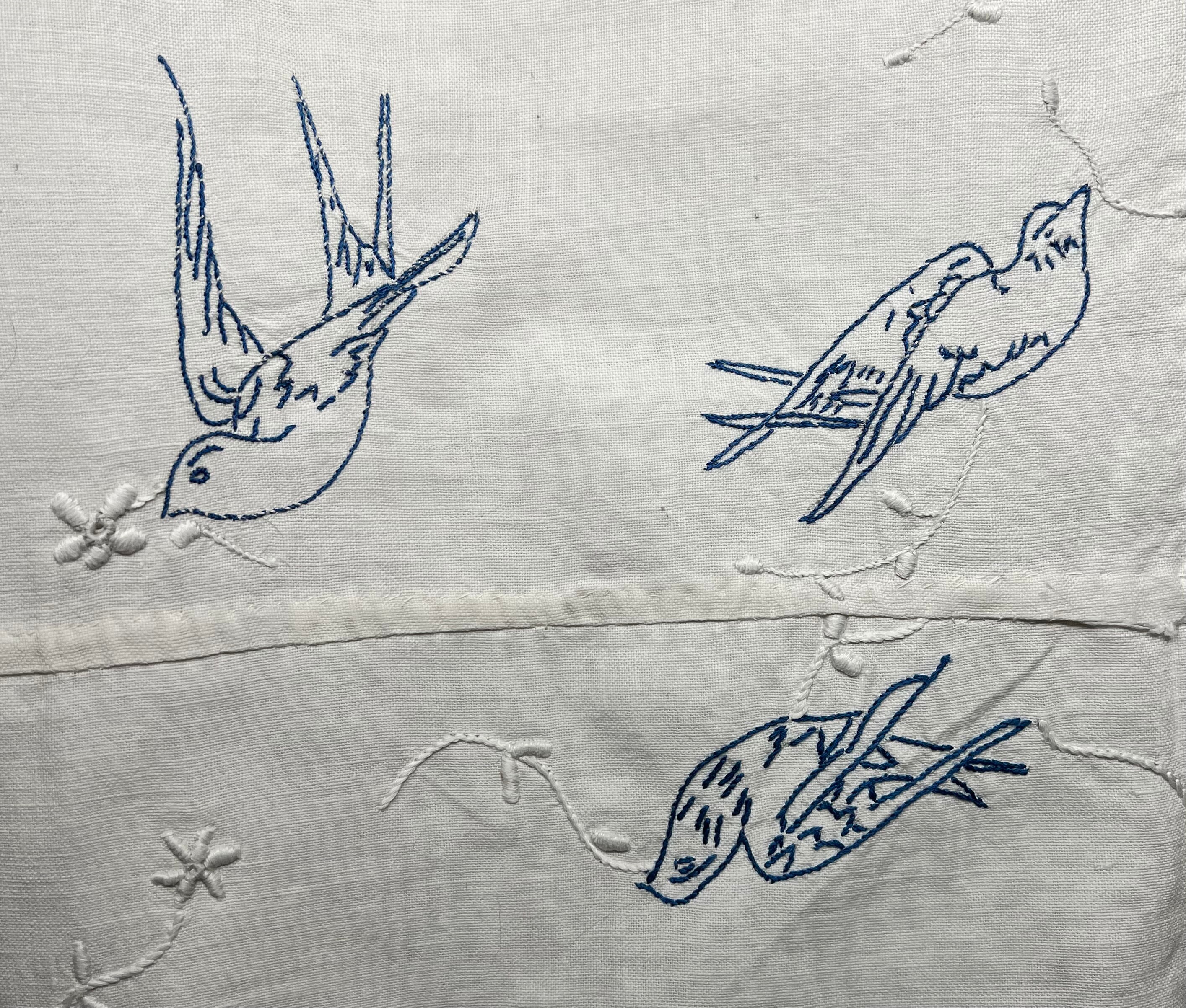 Antique Embroidered Blue Birds on Cotton Remnant - Etsy