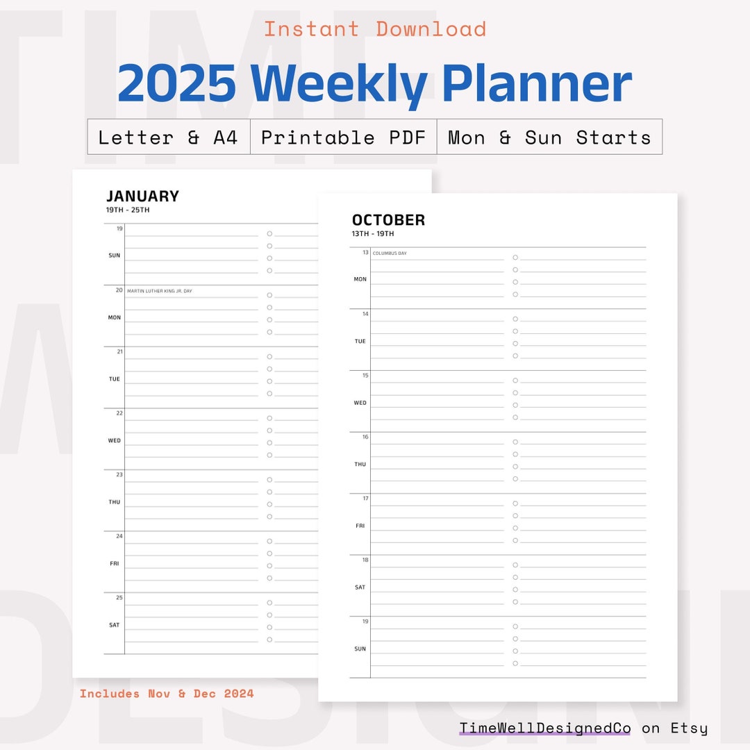 2025 Weekly Planner Printable Letter & A4 Monday/sunday Start Digital ...