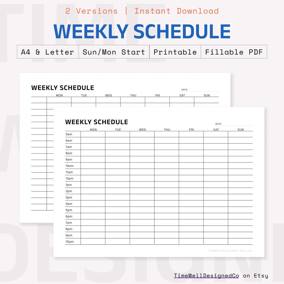 Hourly Weekly Schedule Landscape, Weekly Planner Printable, Week at a ...
