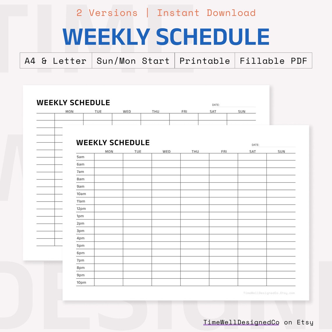 Hourly Weekly Schedule Landscape, Weekly Planner Printable, Week at a ...
