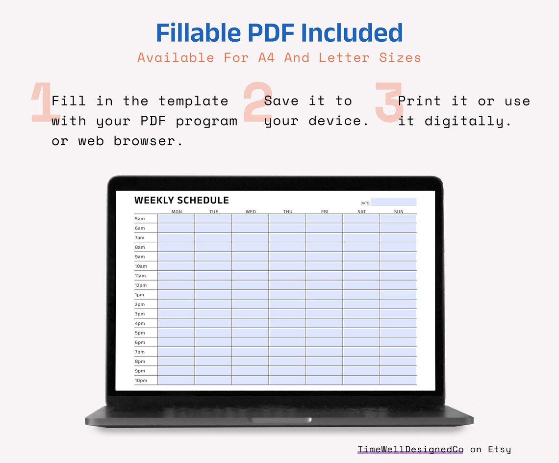 Hourly Weekly Schedule Landscape, Weekly Planner Printable, Week at a ...