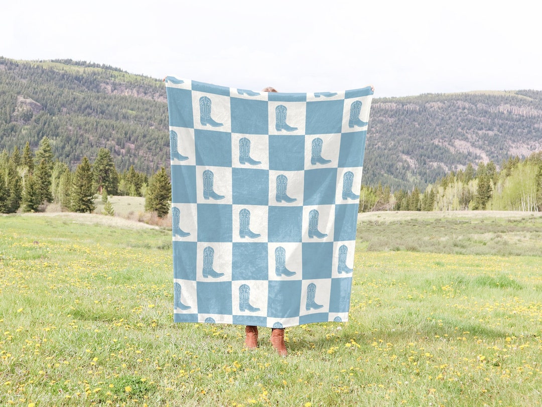 Blue Checkered Cowgirl Boot Velveteen Minky Blanket, Coastal Cowgirl ...