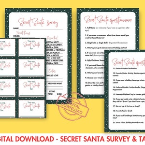 SECRET SANTA Questionnaire, Secret Santa Survey, Secret Gift Exchange ...