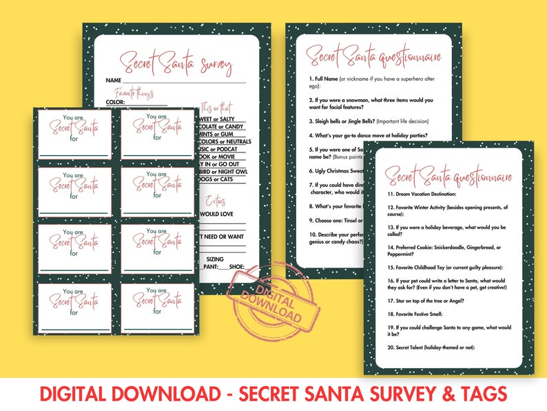 SECRET SANTA Questionnaire, Secret Santa Survey, Secret Gift Exchange ...