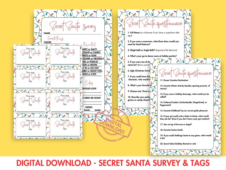 SECRET SANTA Questionnaire, Secret Santa Survey, Secret Gift Exchange ...