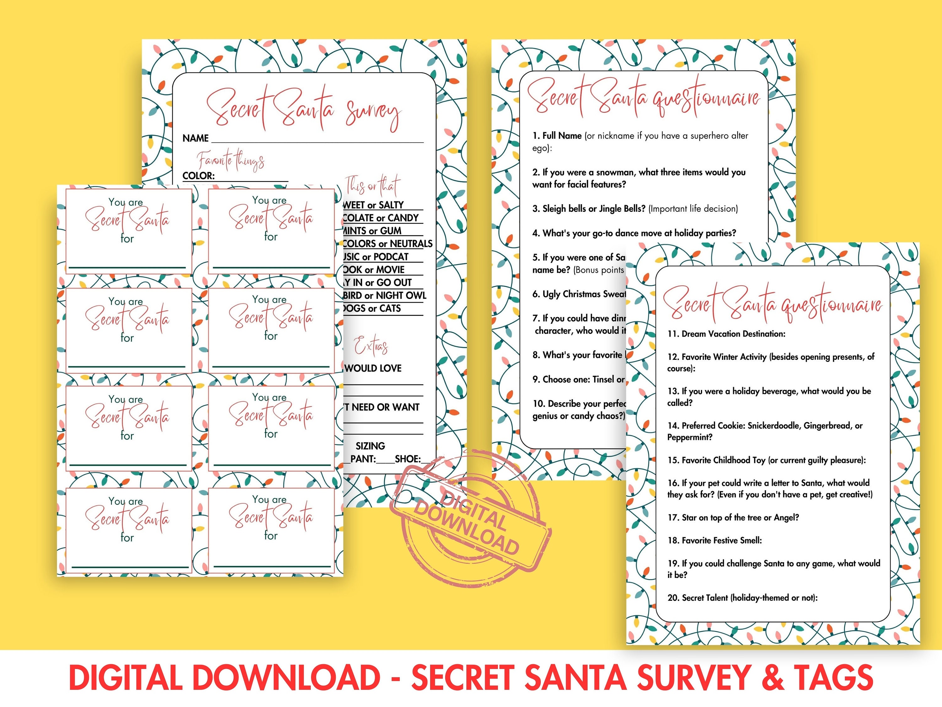 SECRET SANTA Questionnaire, Secret Santa Survey, Secret Gift Exchange ...