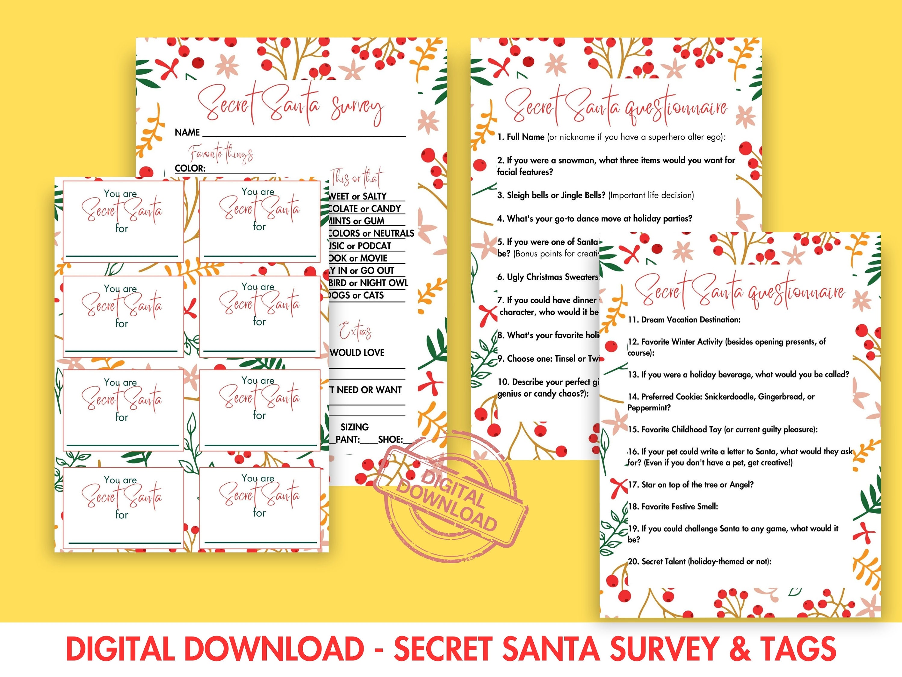 SECRET SANTA Questionnaire, Secret Santa Survey, Secret Gift Exchange ...