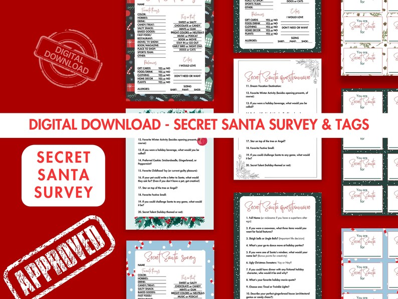 SECRET SANTA Questionnaire, Secret Santa Survey, Secret Gift Exchange ...