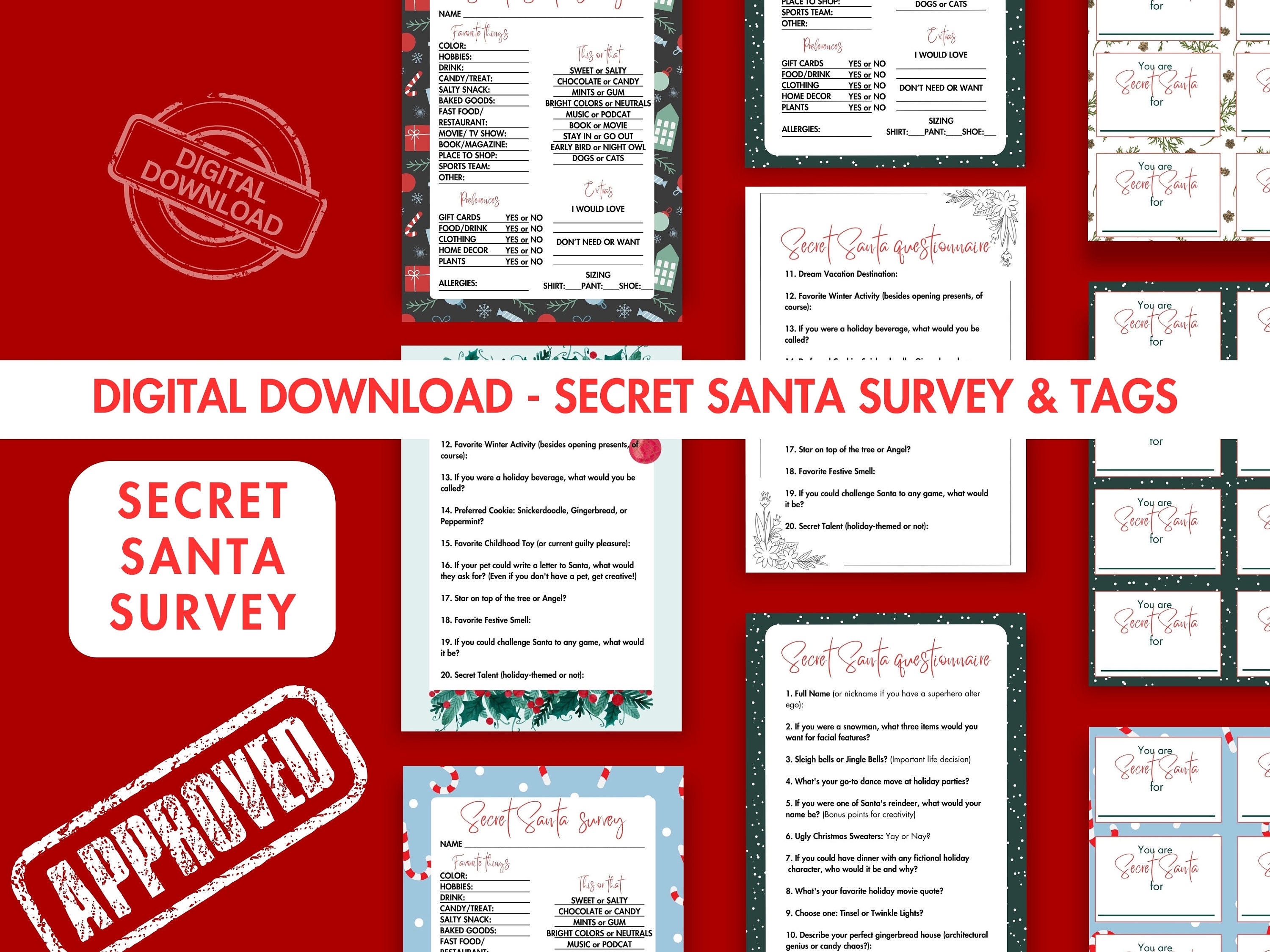SECRET SANTA Questionnaire, Secret Santa Survey, Secret Gift Exchange ...