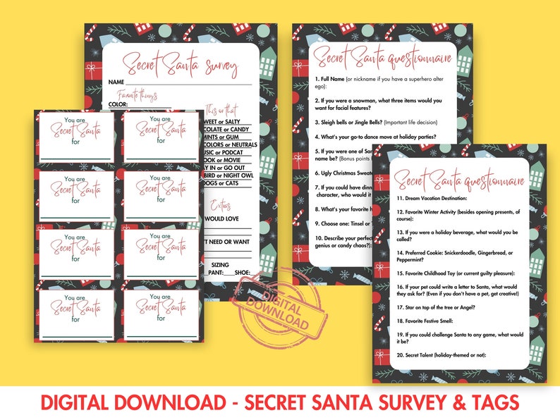 SECRET SANTA Questionnaire, Secret Santa Survey, Secret Gift Exchange ...