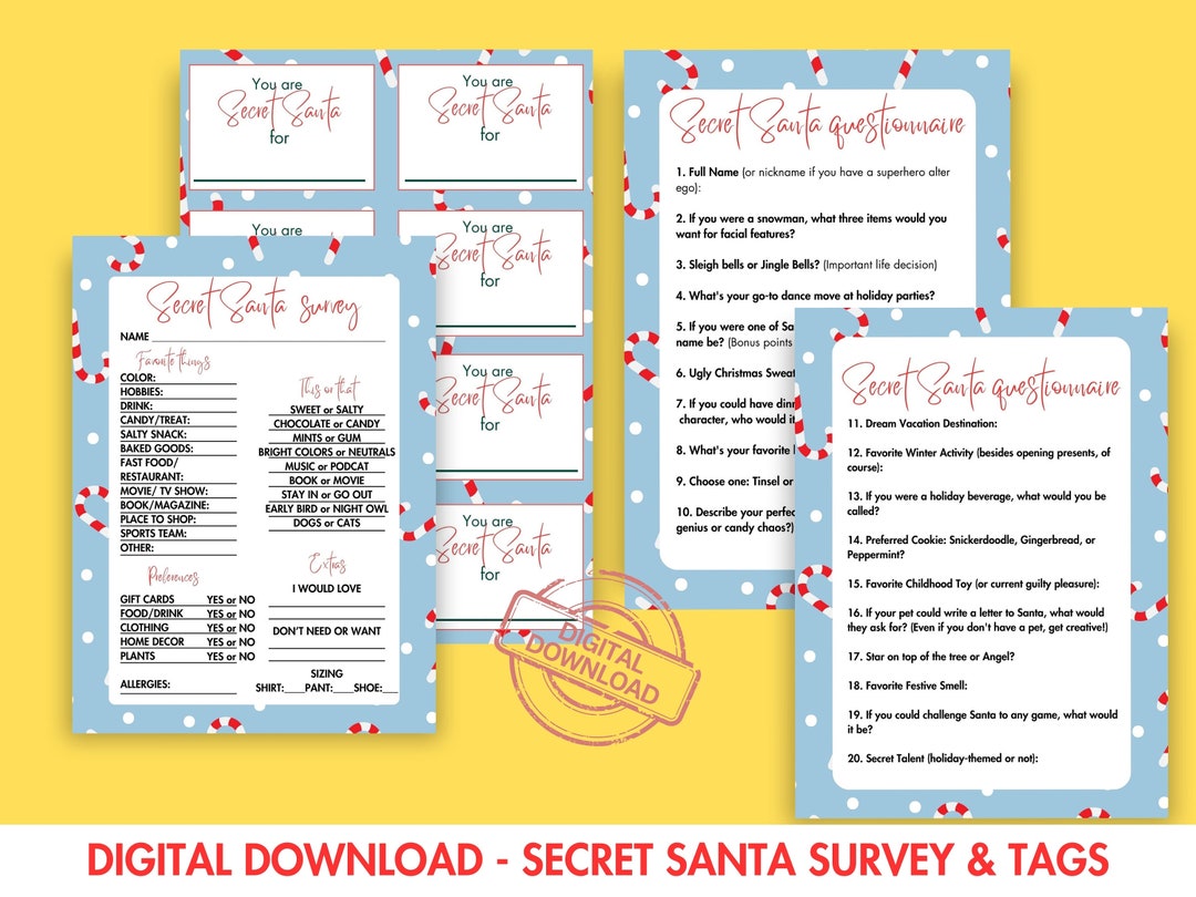 SECRET SANTA Questionnaire, Secret Santa Survey, Secret Gift Exchange ...
