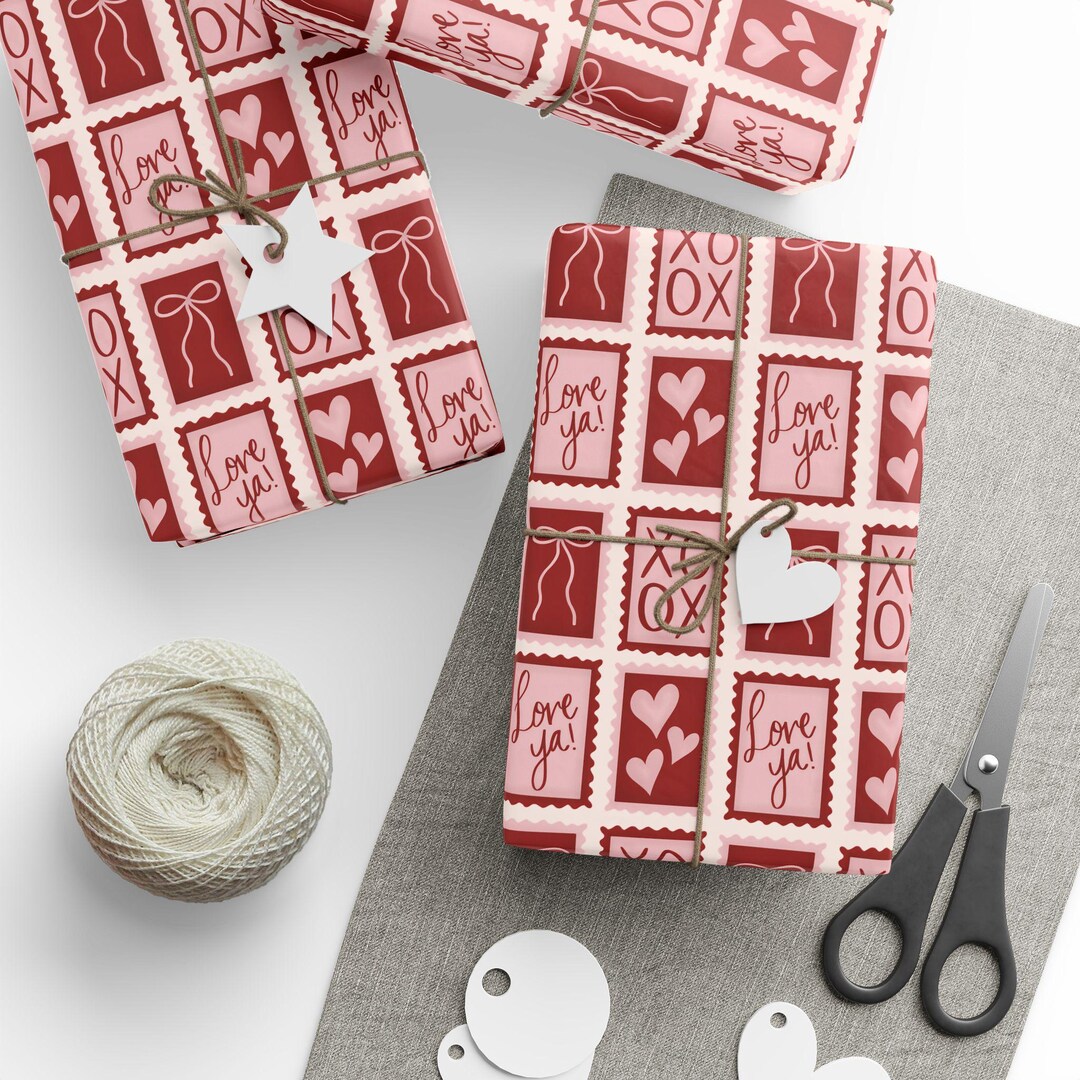 Valentine's Day Postage Stamps Wrapping Paper Galentines Gift Girls ...