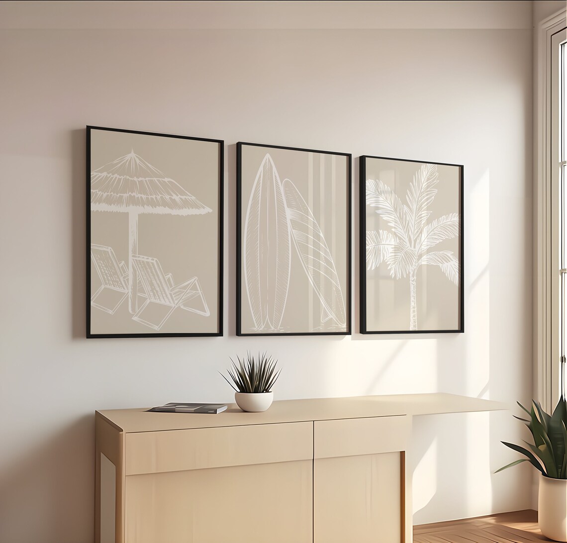 Coastal Sand Wall Art Set: Beach & Surfboard Prints (digital Download ...