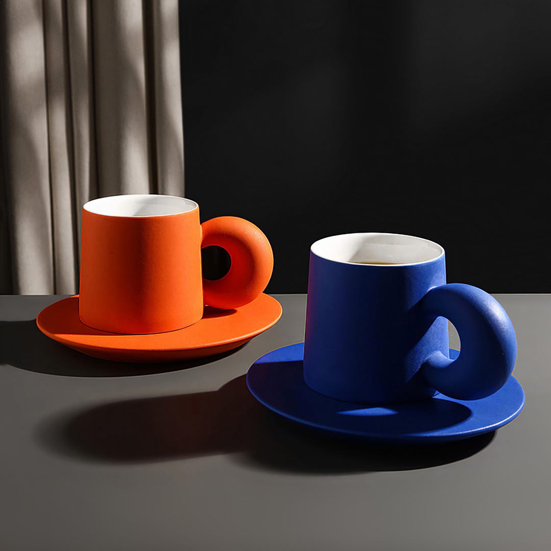 Ceramic Espresso Cup Set: Klein Blue & Orange Crescent Handle Mugs - Etsy
