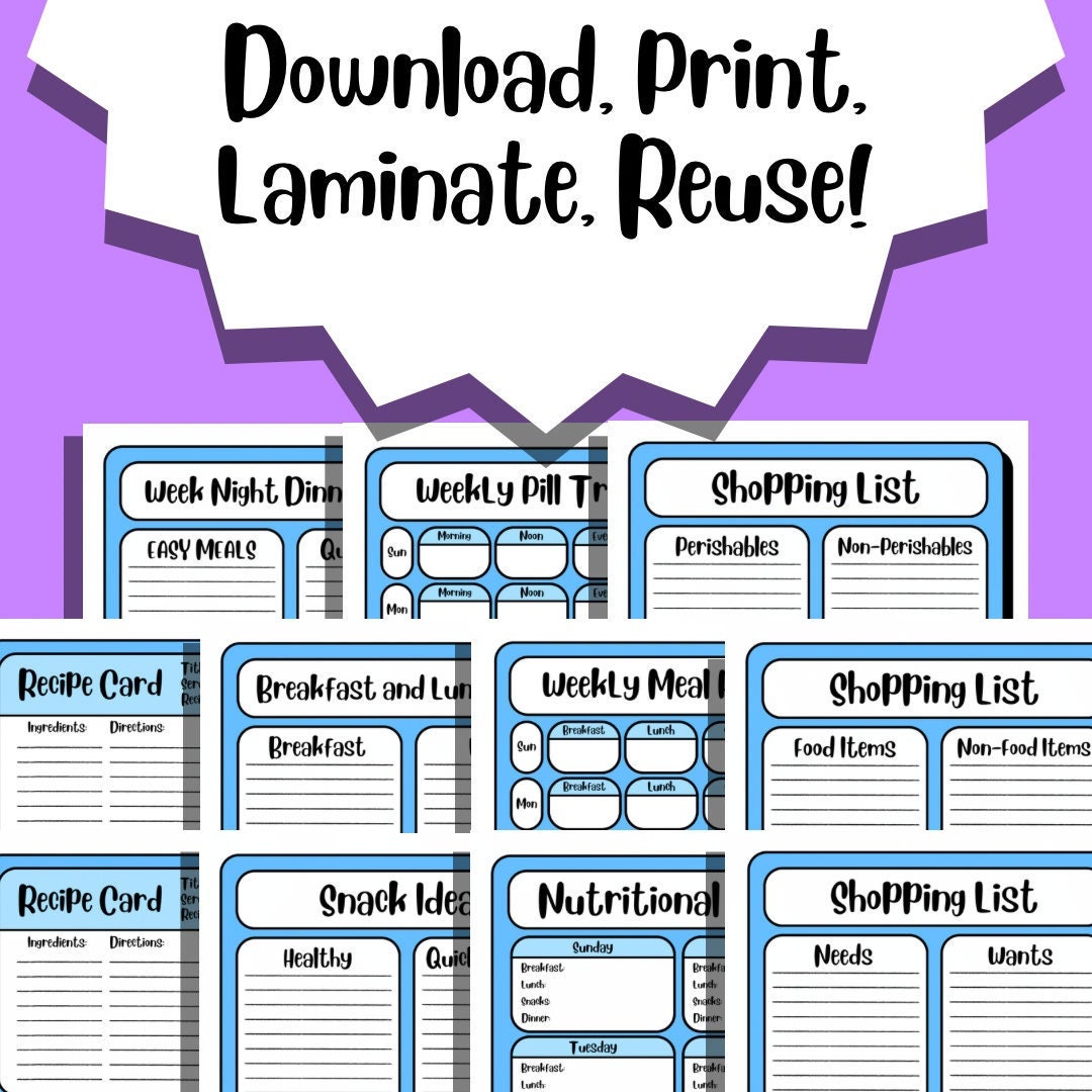 Blue Menu Planning Binder Pack, 11 Page Bundle for Quick and Easy Meal ...