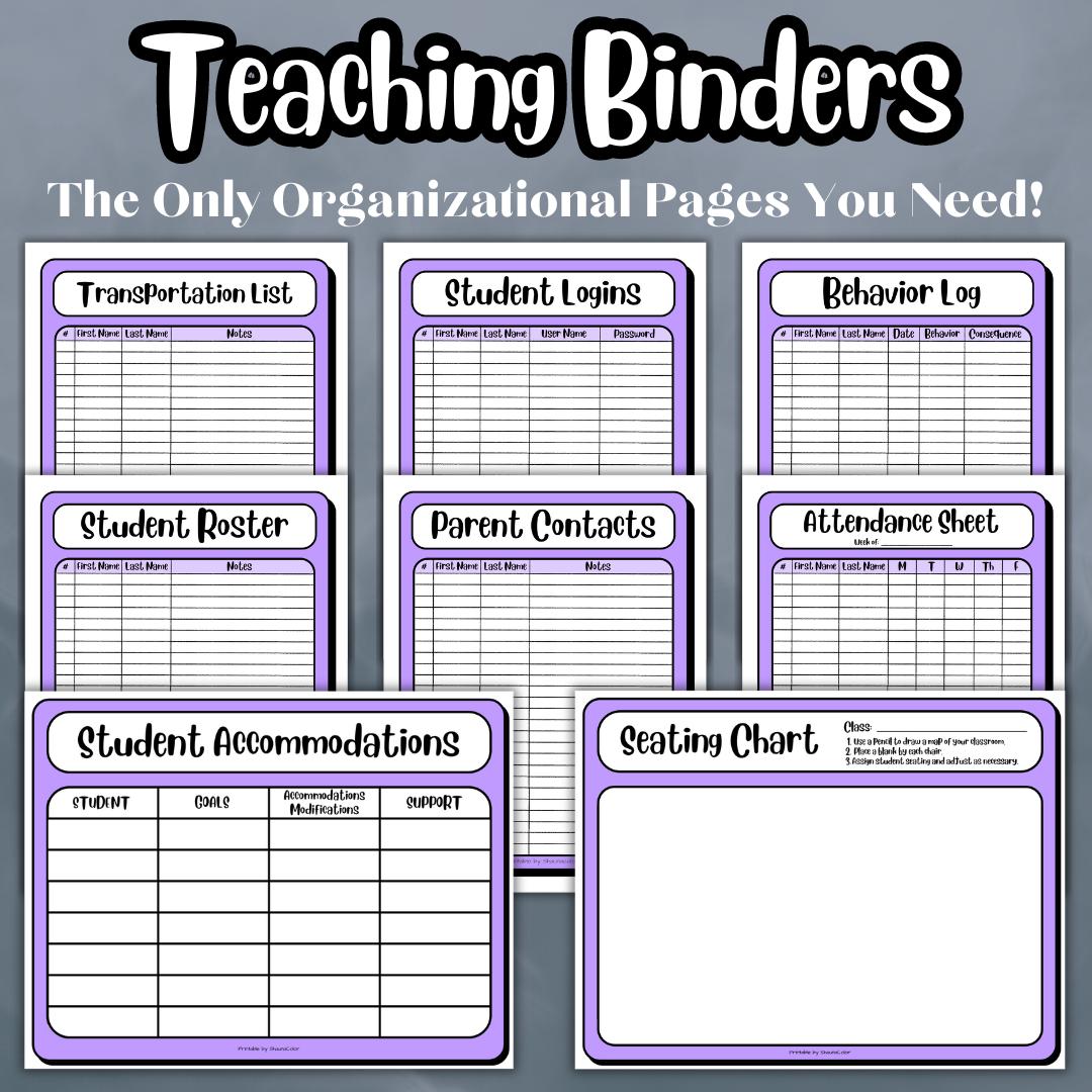 Teaching Binder Essentials, 8 Documents in Multiple Colors for Easy ...