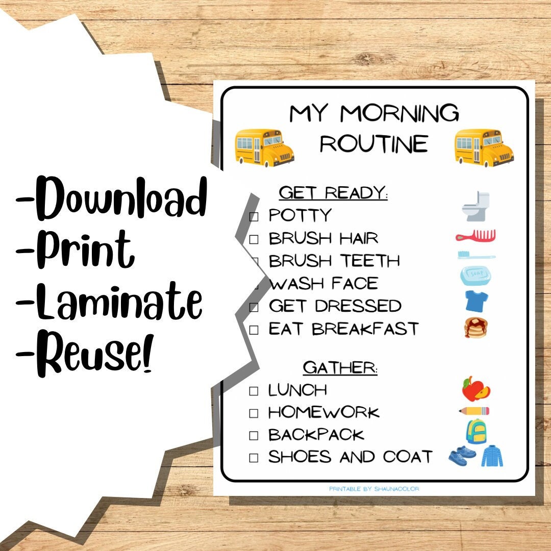 Kids ADHD Routine Planner, Before School Morning Chore Chart, 1 Page ...