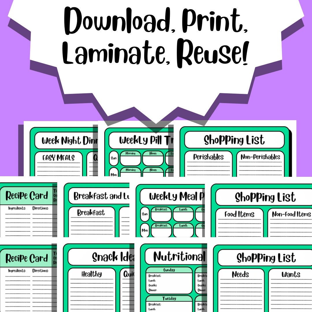 Green Menu Planning Binder Pack, 11 Page Bundle for Quick and Easy Meal ...