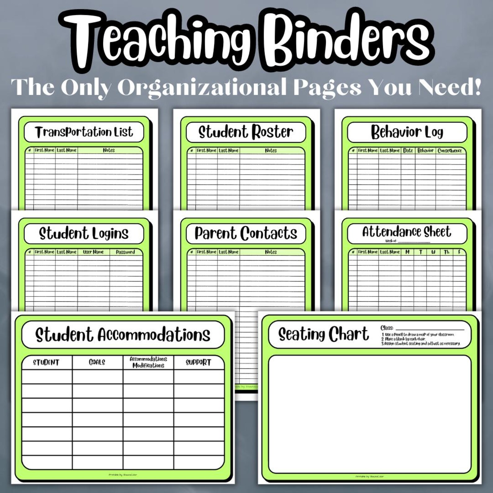 Teaching Binder Essentials, 8 Documents in Multiple Colors for Easy ...