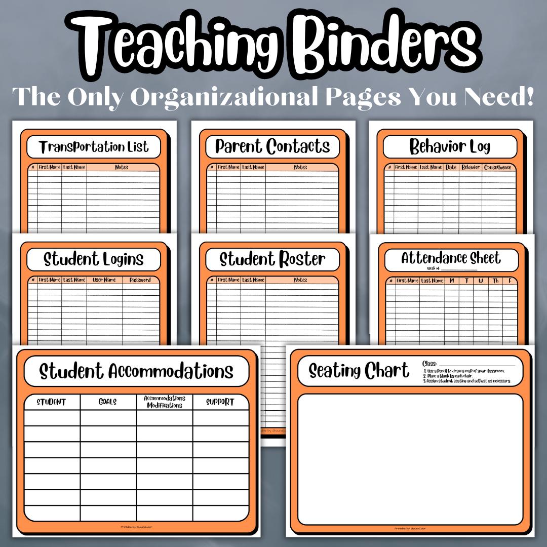 Teaching Binder Essentials, 8 Documents in Multiple Colors for Easy ...