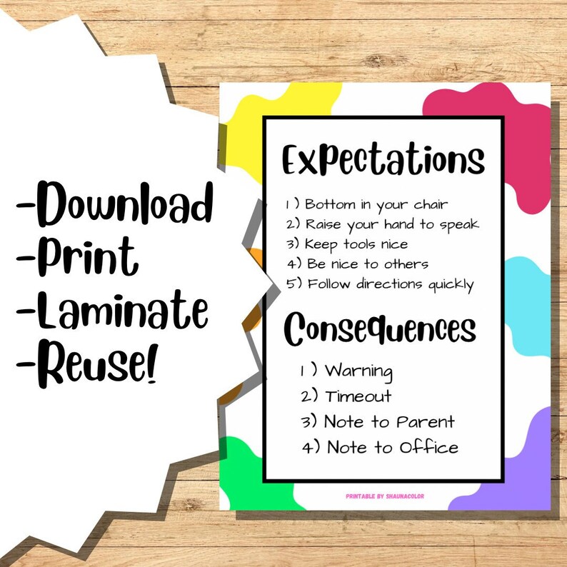 Cute Colorful Classroom Expectations and Consequences Printable Sign ...