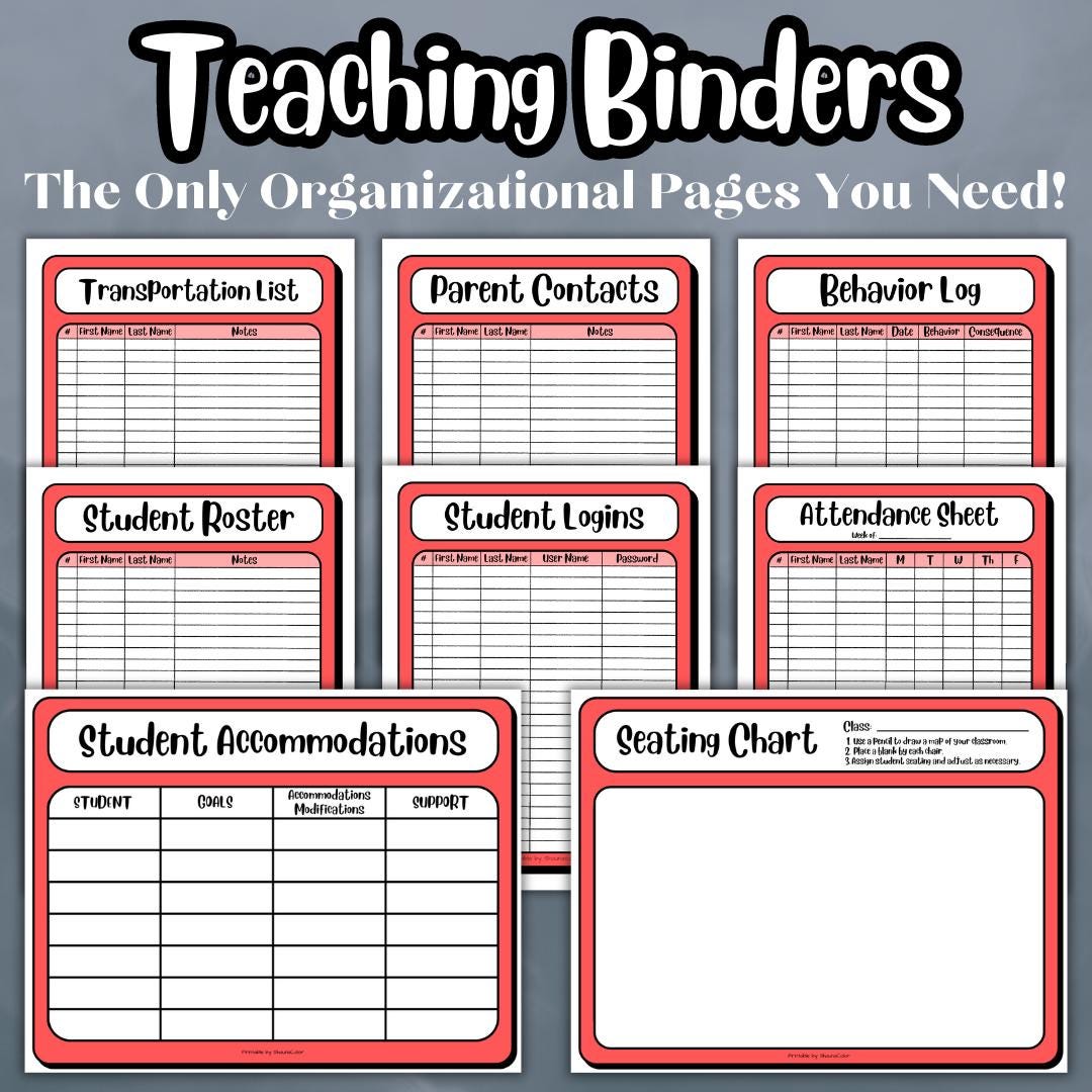 Teaching Binder Essentials, 8 Documents in Multiple Colors for Easy ...