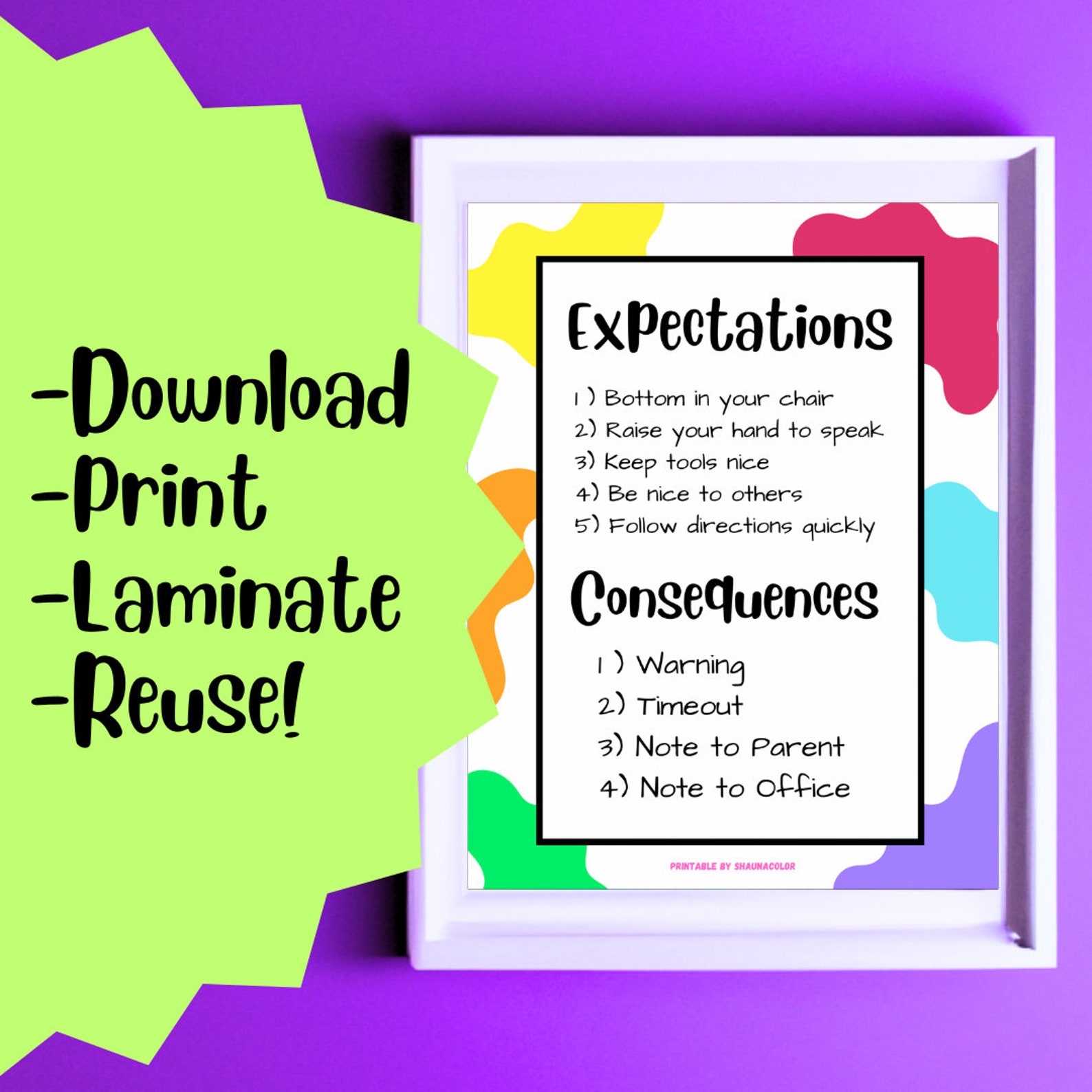 Cute Colorful Classroom Expectations and Consequences Printable Sign ...