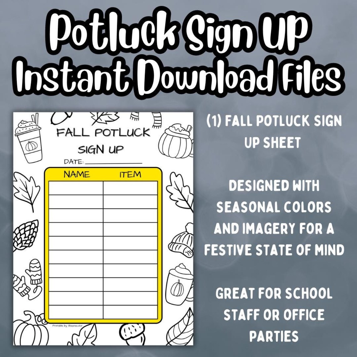 Fall Potluck Sign up Sheet for School Staff Appreciation or Office ...