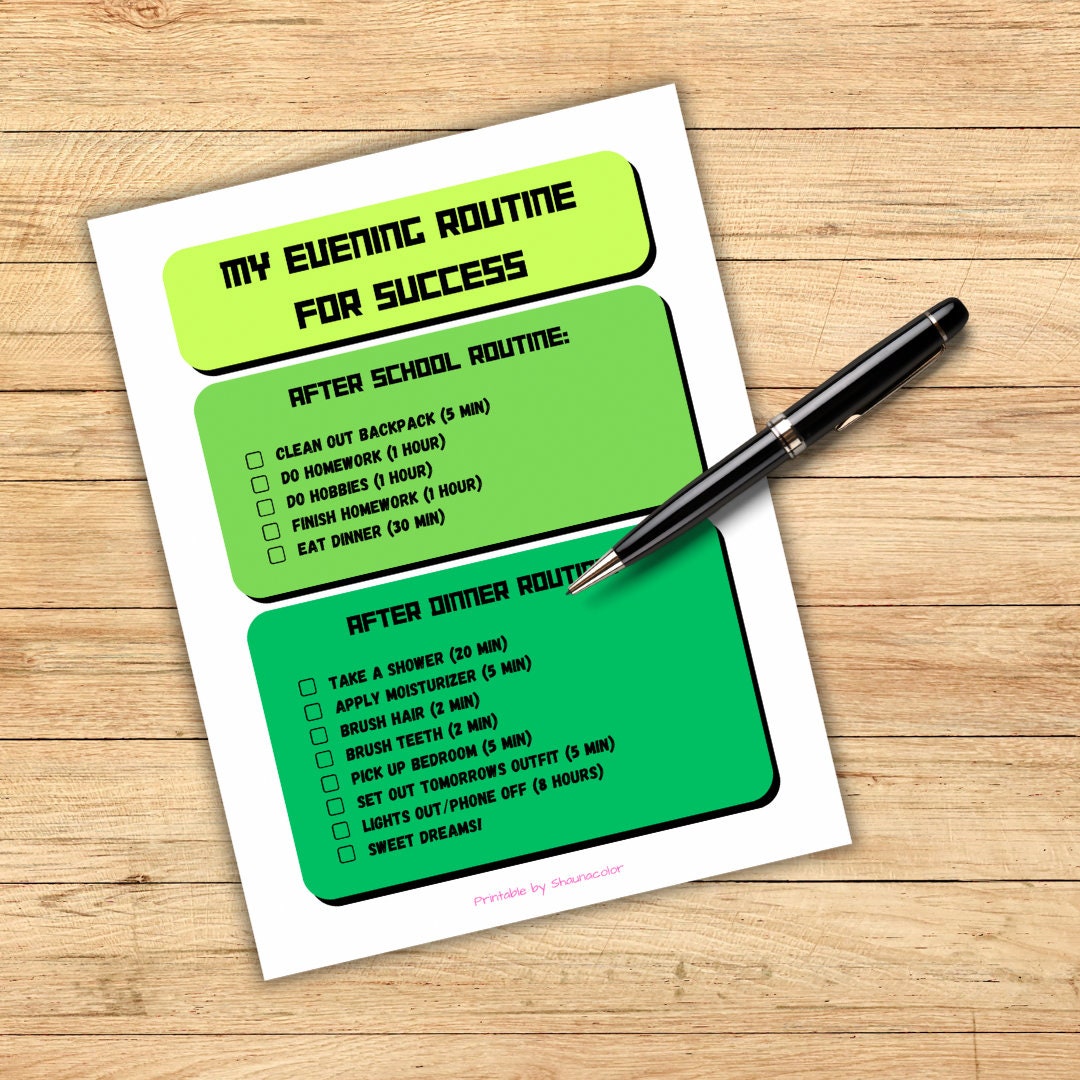 Teen's Evening Routine Checklist, Time Management Planner for Kids ...