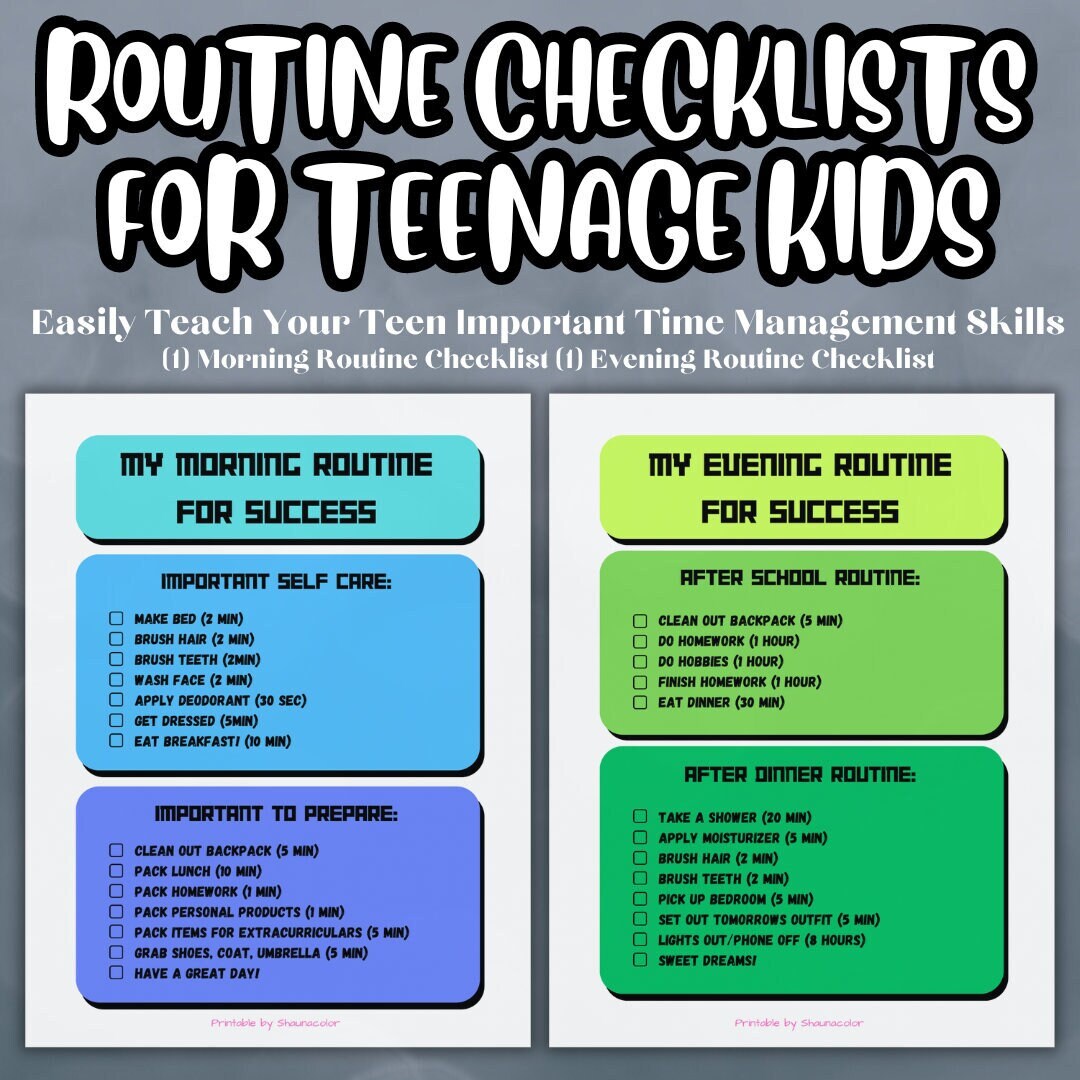 Teen's Evening Routine Checklist, Time Management Planner for Kids ...