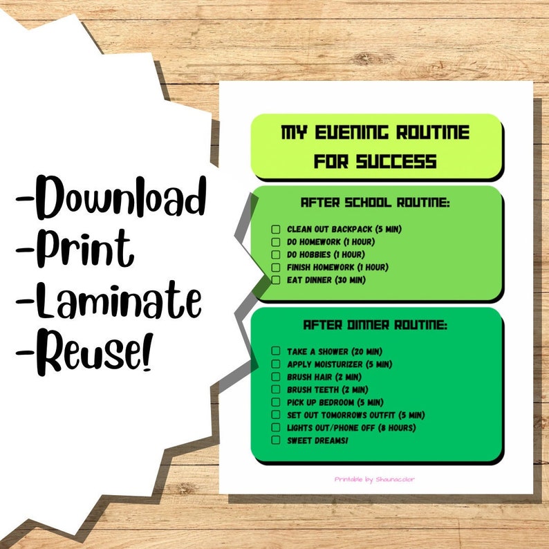 Teen's Evening Routine Checklist, Time Management Planner for Kids ...