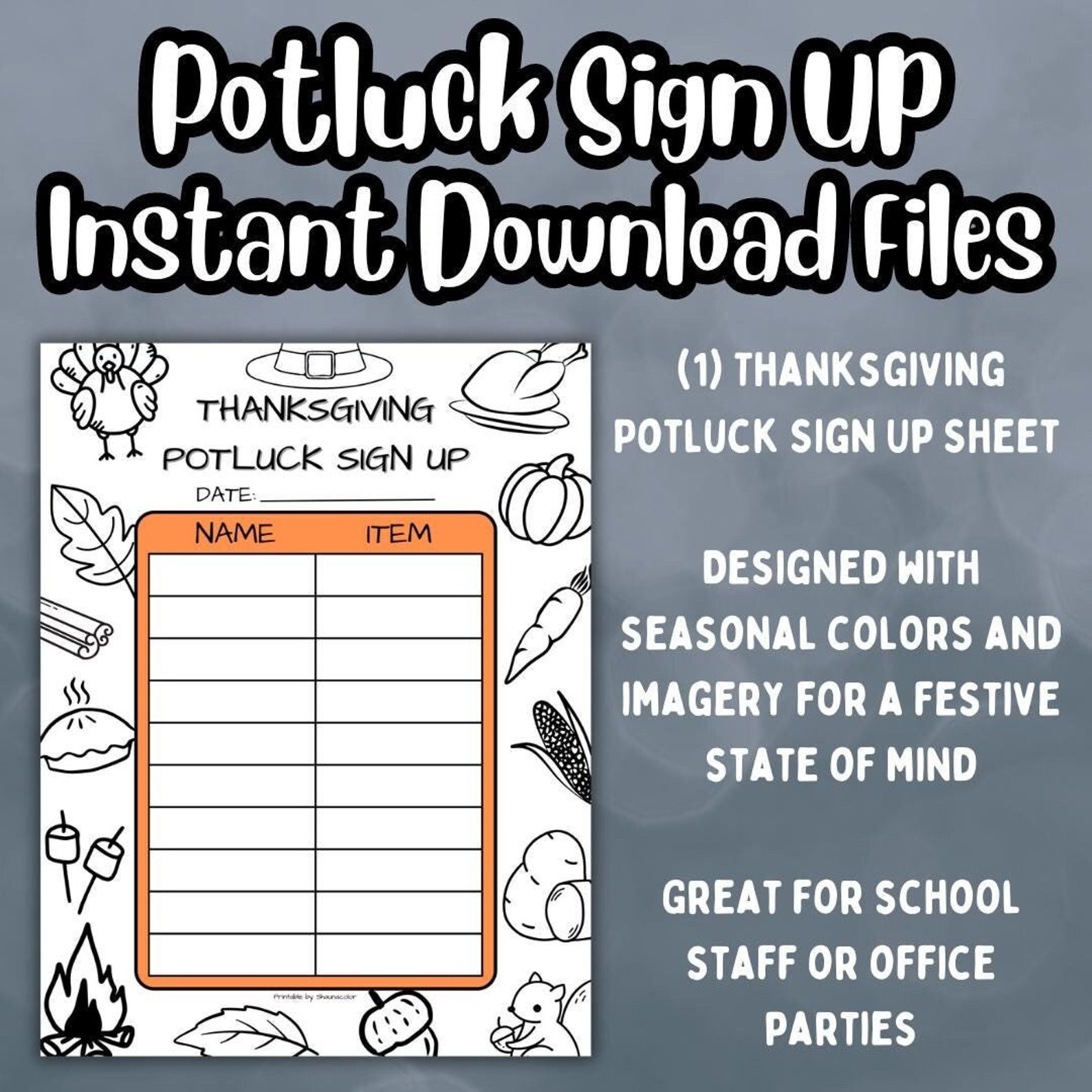 Thanksgiving Potluck Sign up Sheet for Staff Appreciation or Office ...