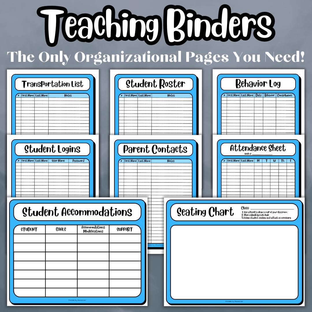 Teaching Binder Essentials, 8 Documents in Multiple Colors for Easy ...