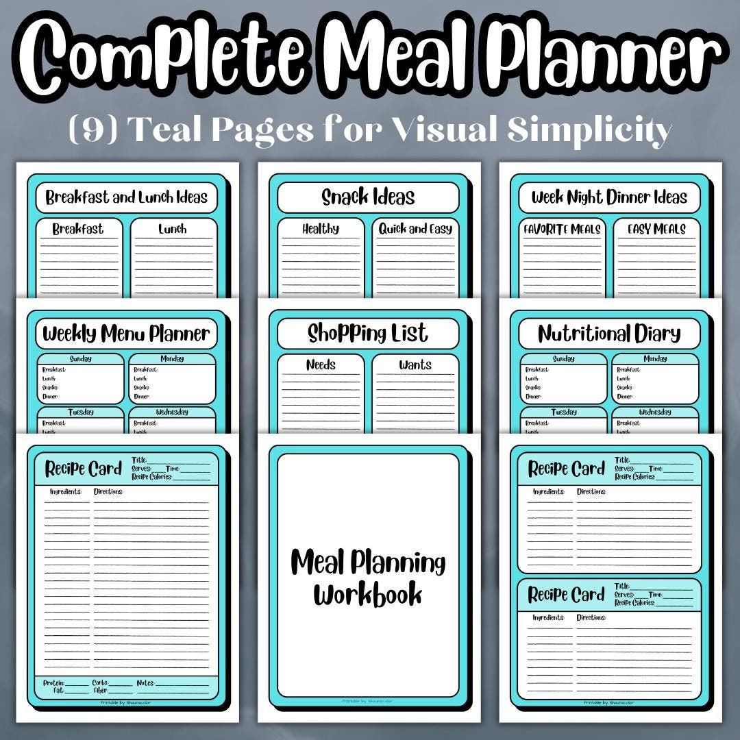 Complete Meal Planner, Designed for Visual Simplicity, 9 Teal Pages ...