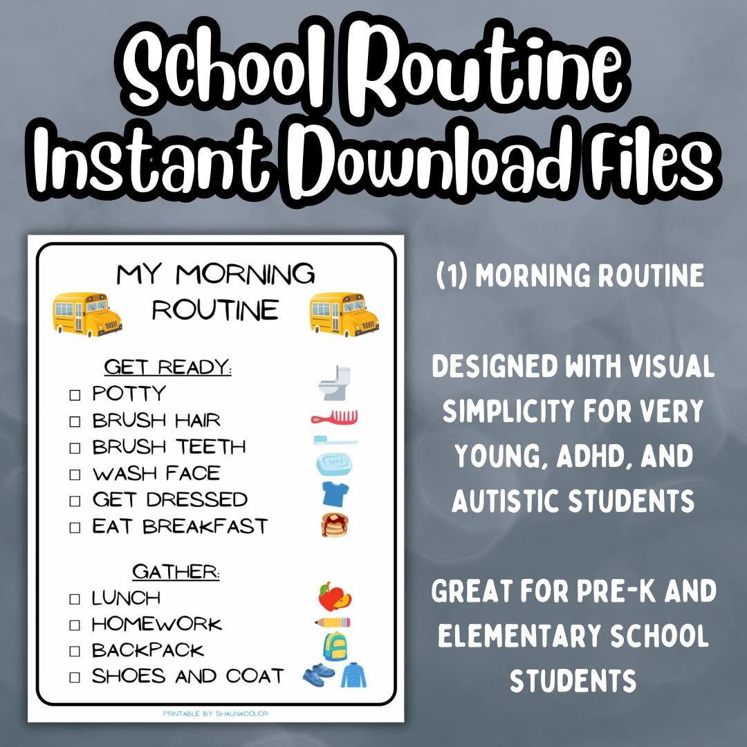 Kids ADHD Routine Planner, Before School Morning Chore Chart, 1 Page ...