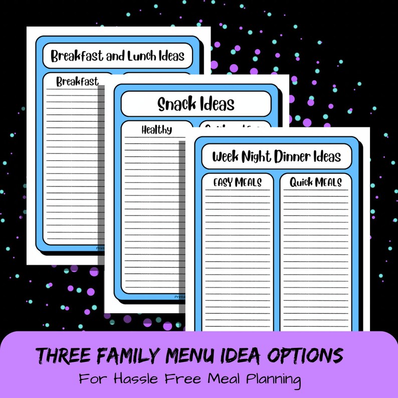 Blue Menu Planning Binder Pack, 11 Page Bundle for Quick and Easy Meal ...