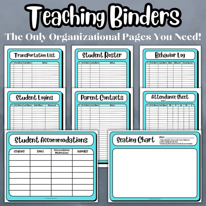 Teal Teaching Binder Essentials, 8 Documents for Easy Classroom ...