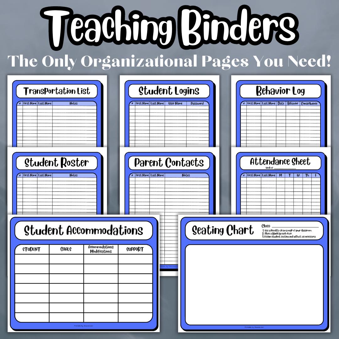 Teaching Binder Essentials, 8 Documents in Multiple Colors for Easy ...