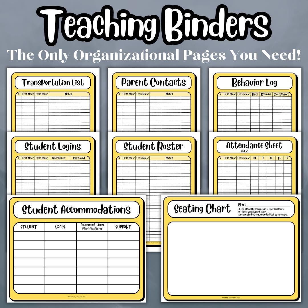 Teaching Binder Essentials, 8 Documents in Multiple Colors for Easy ...