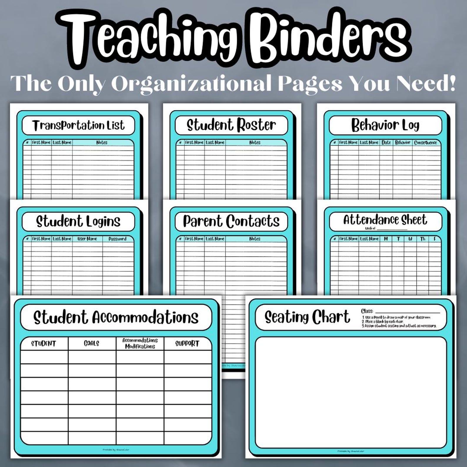 Teaching Binder Essentials, 8 Documents in Multiple Colors for Easy ...