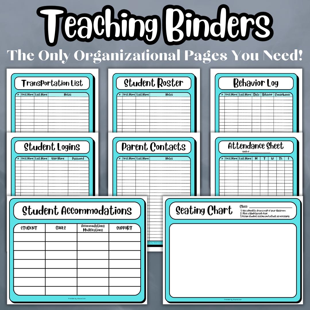 Teaching Binder Essentials, 8 Documents in Multiple Colors for Easy ...