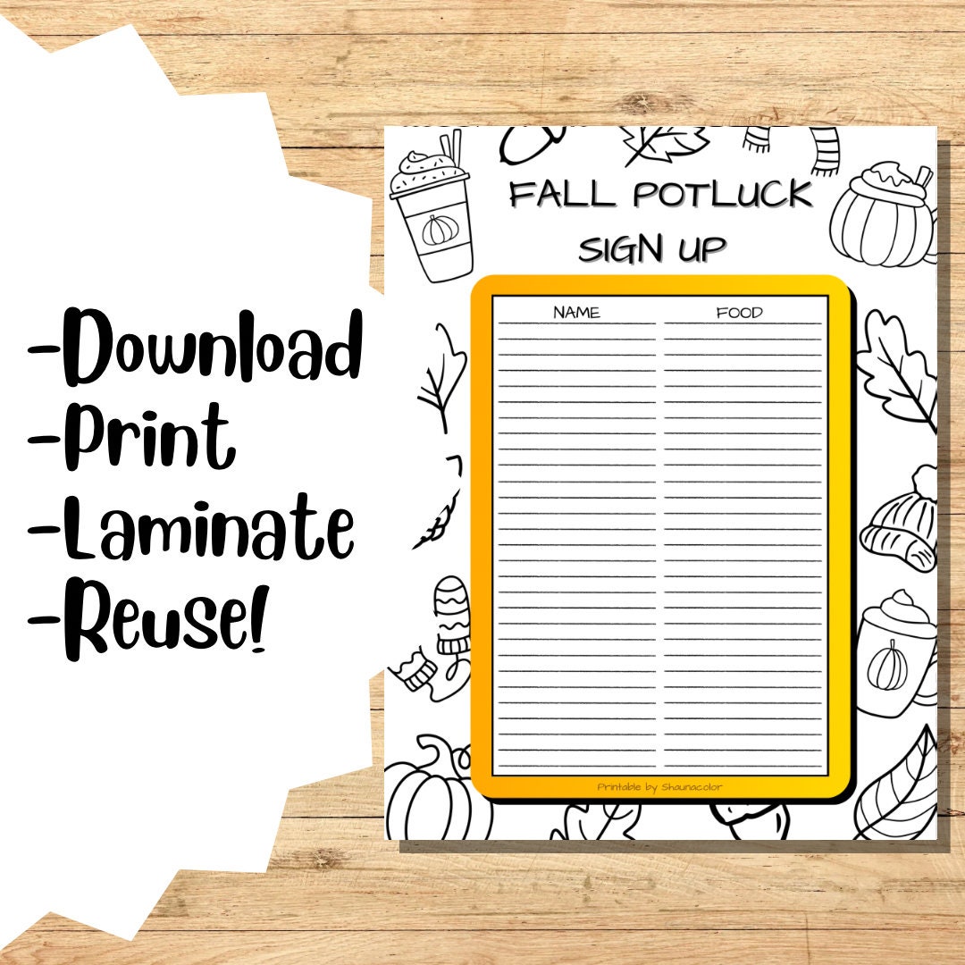 Fall Potluck Sign up Sheet for Quick and Easy Event Planning Printable ...